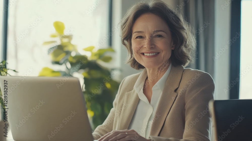 Stock-Foto „Smiling mature middle aged business woman using laptop ...