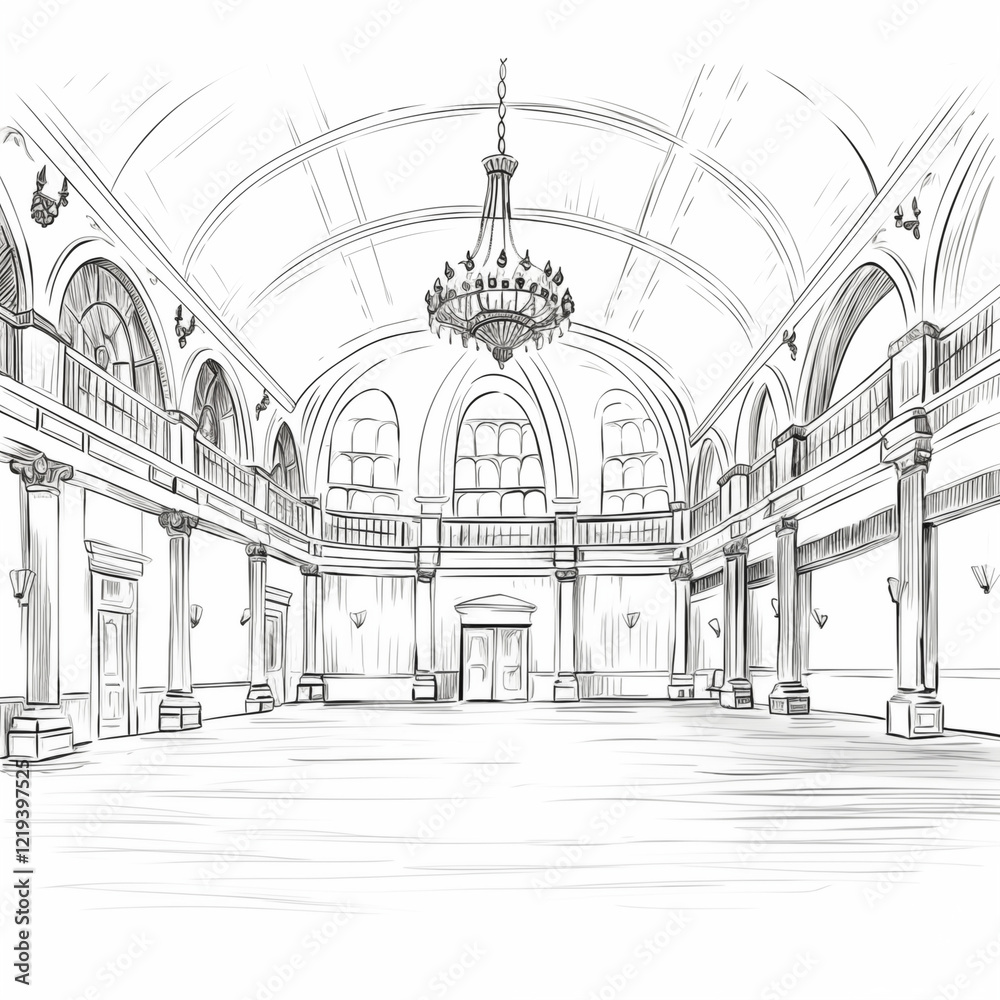 Royal hall, interior of the palace, icon, simple black and white sketch ...
