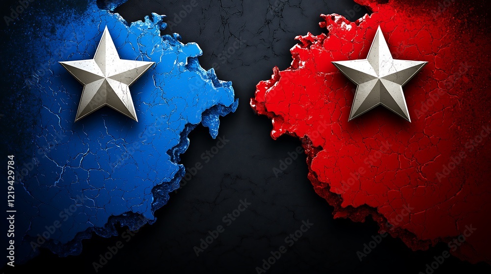 Political rivalry, opposing forces, red and blue factions, silver stars ...