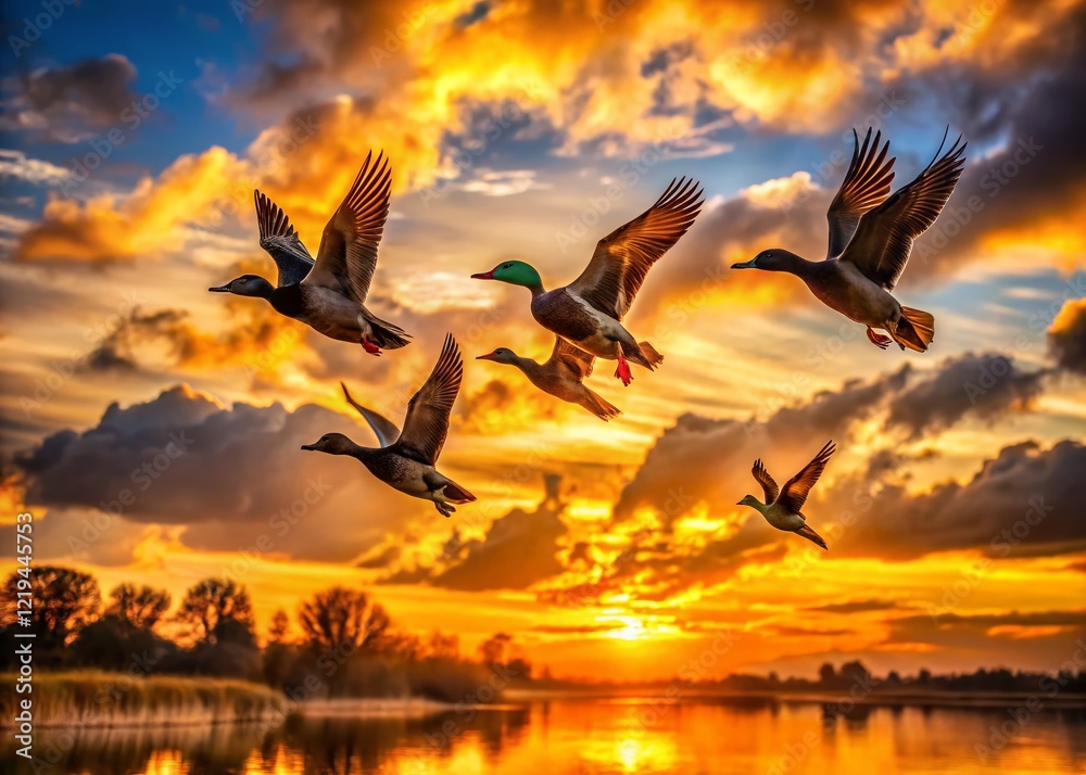 Siluetas de patos volando al atardecer, regla de tercios Stock ...