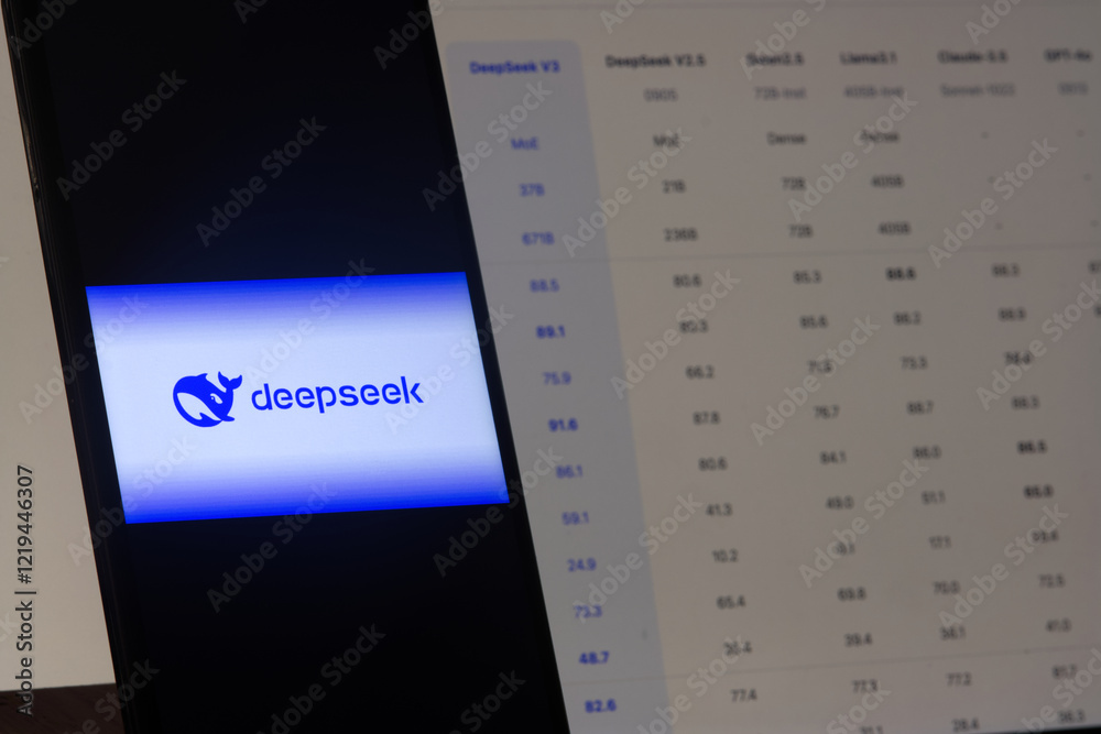 Deepseek logo displayed on the mobile phone. Deepseek is a Chinese ...