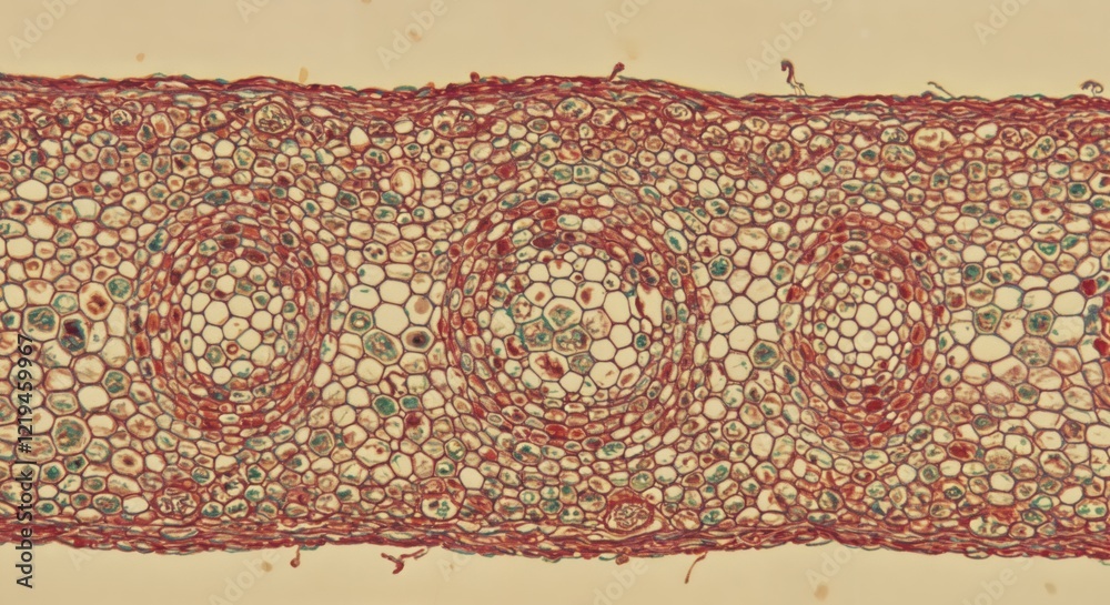 Detailed cross-section of plant stem under microscope with vascular bundles and cells Stock ...