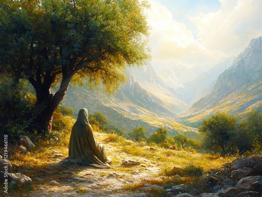 Deborah wise prophetess sits beneath large palm tree in ancient Israel ...