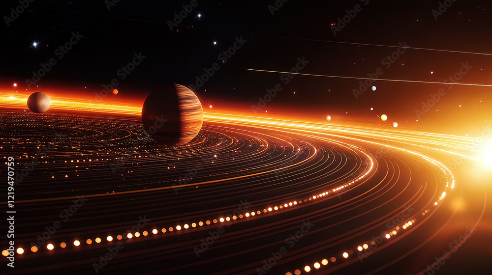 Photorealistic holographic display of a rotating solar system, glowing ...