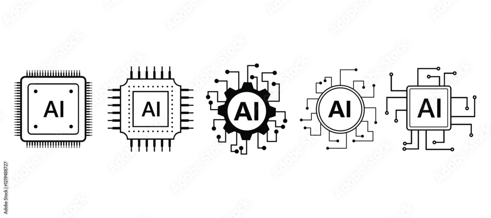 Artificial intelligence AI Processor set icons, AI circuit board chip, AI system square, round ...