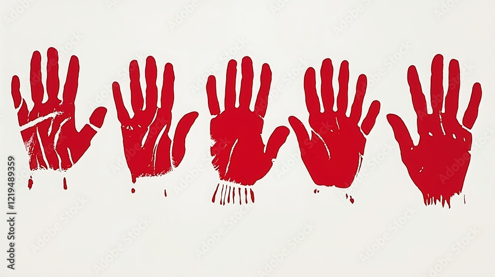 Five red handprints on a white background, potential use for protest or ...