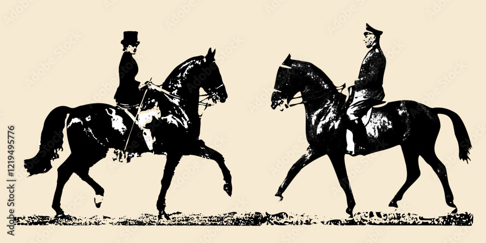silhouettes isolated , a lady and a gentleman on horseback, opposite ...