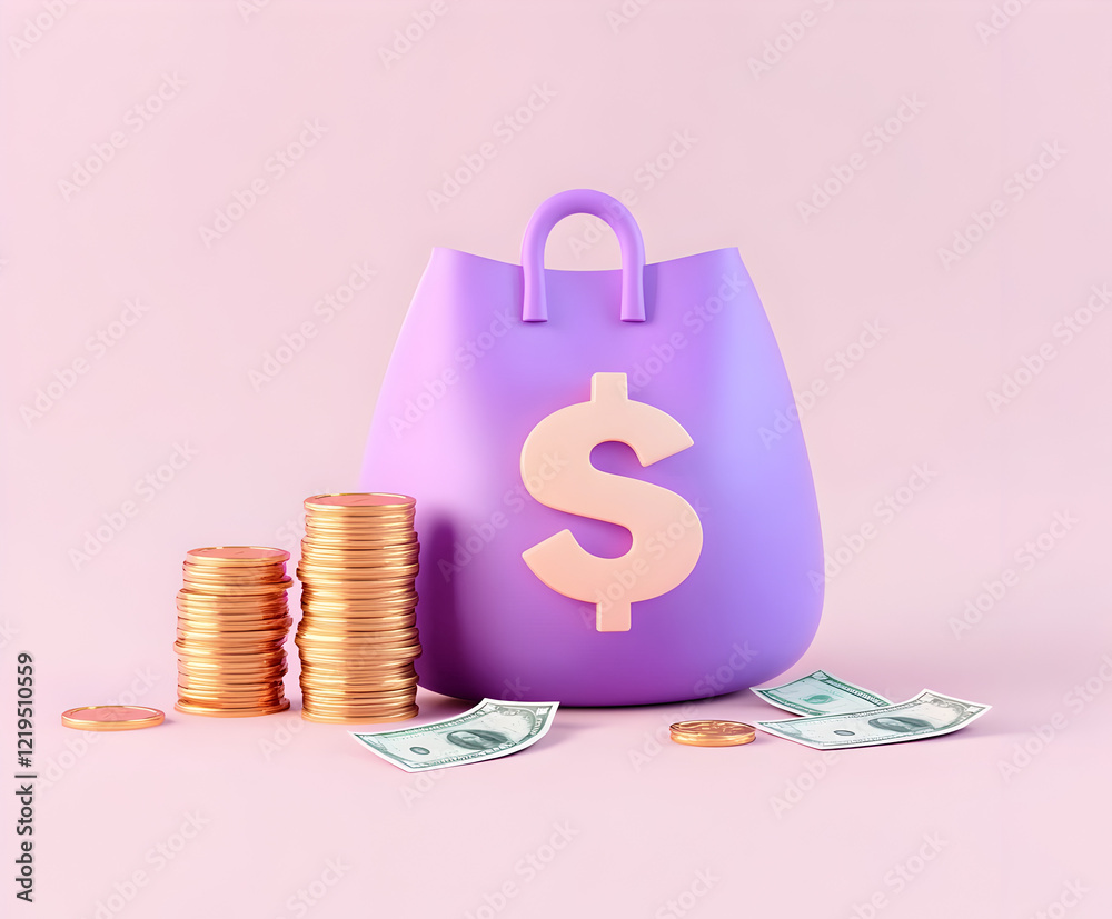 Minimal pastel finance concept with a purple dollar bag, gold coins ...