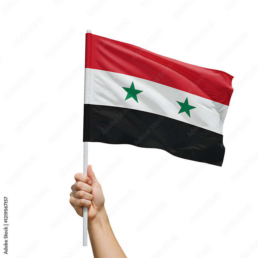 Syrian Flag Waving Hand Holding Flagpole On Transparent Background ...