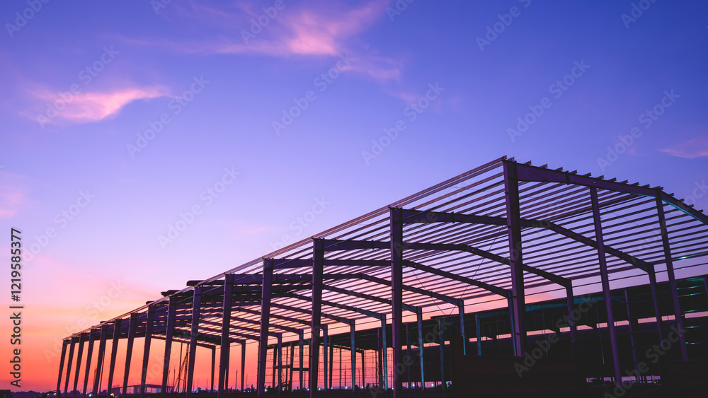 Silhouette industrial factory building structure with metal posts and ...