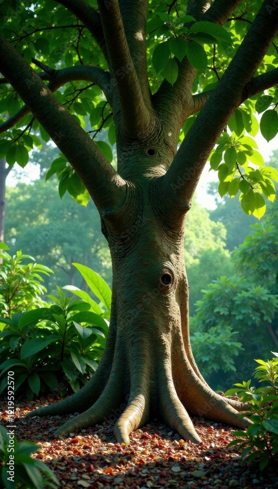 Large Hevea Brasiliensis tree with milky latex dripping from notches ...