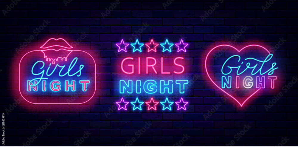 Ladies only neon emblems collection. Girls night signs. Free enter for ...