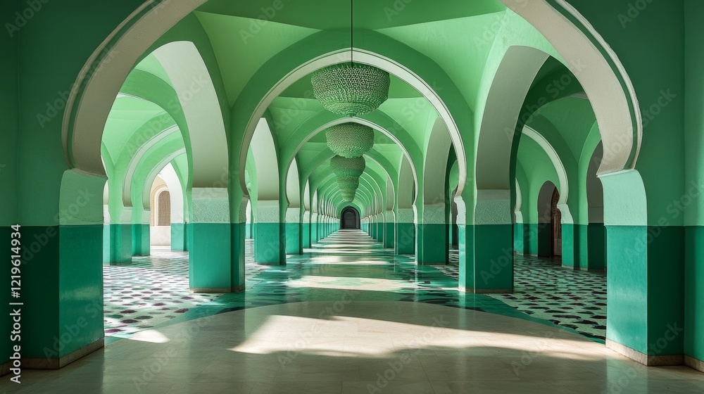 General view green dome and Moorish pattern arches of Nabawi mosque in ...