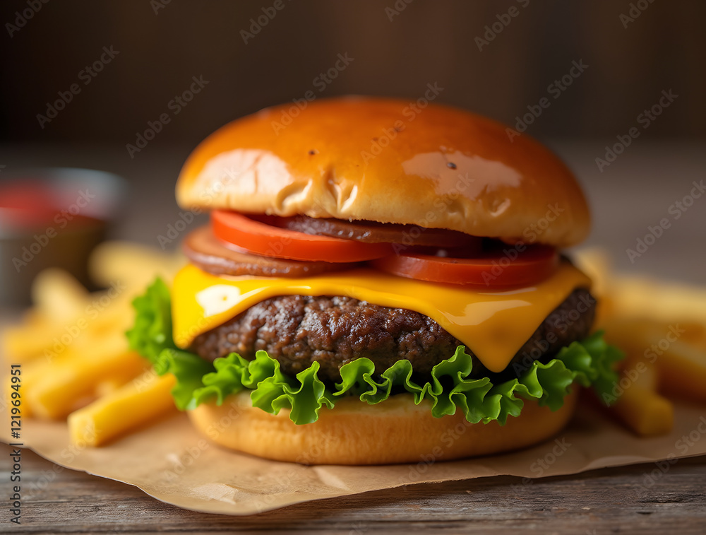 Macro photography of a classic cheeseburger with golden fries is a ...