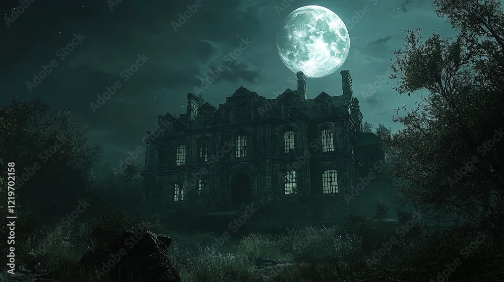 Old, decrepit mansion on a hill under a full moon, shadows cast across ...
