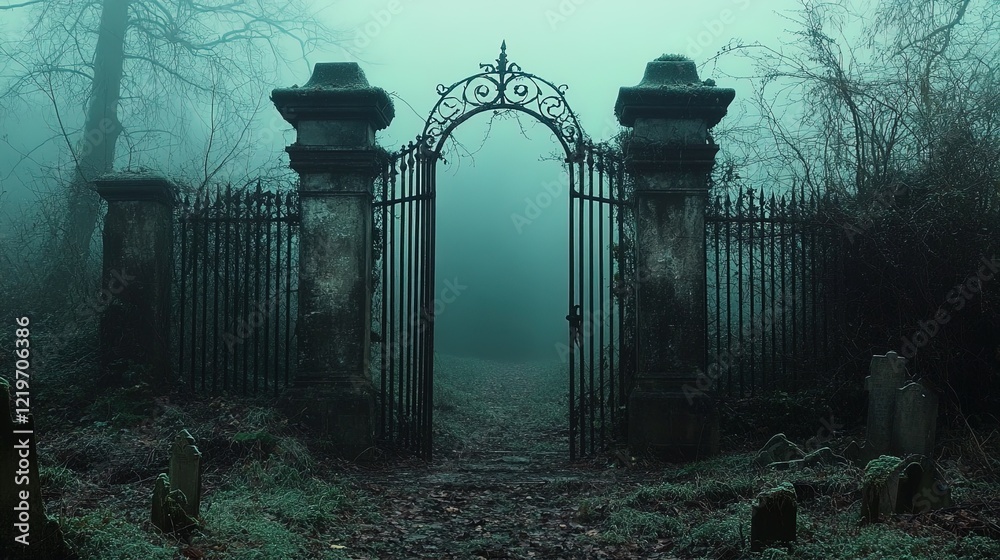 Creepy, overgrown cemetery gate with twisted iron bars and dense fog ...