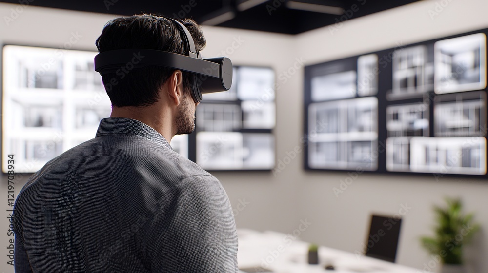 Virtual reality experience modern office technology indoor back view ...