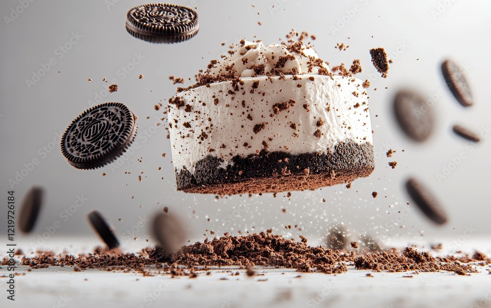 Oreo cheesecake floating dynamically, crushed cookie crumbs in mid-air ...