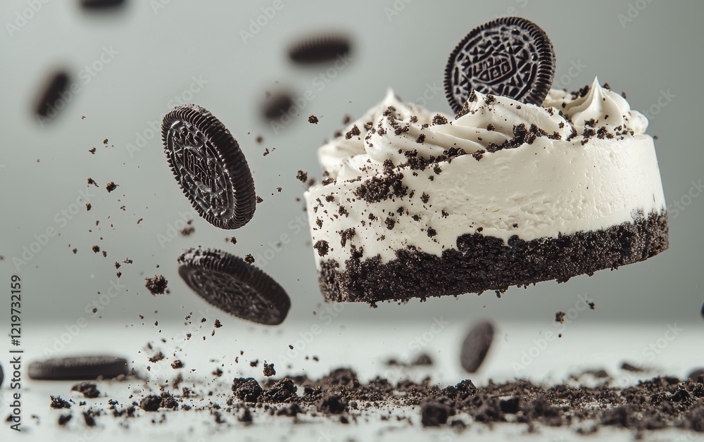 Oreo cheesecake floating dynamically, crushed cookie crumbs in mid-air ...