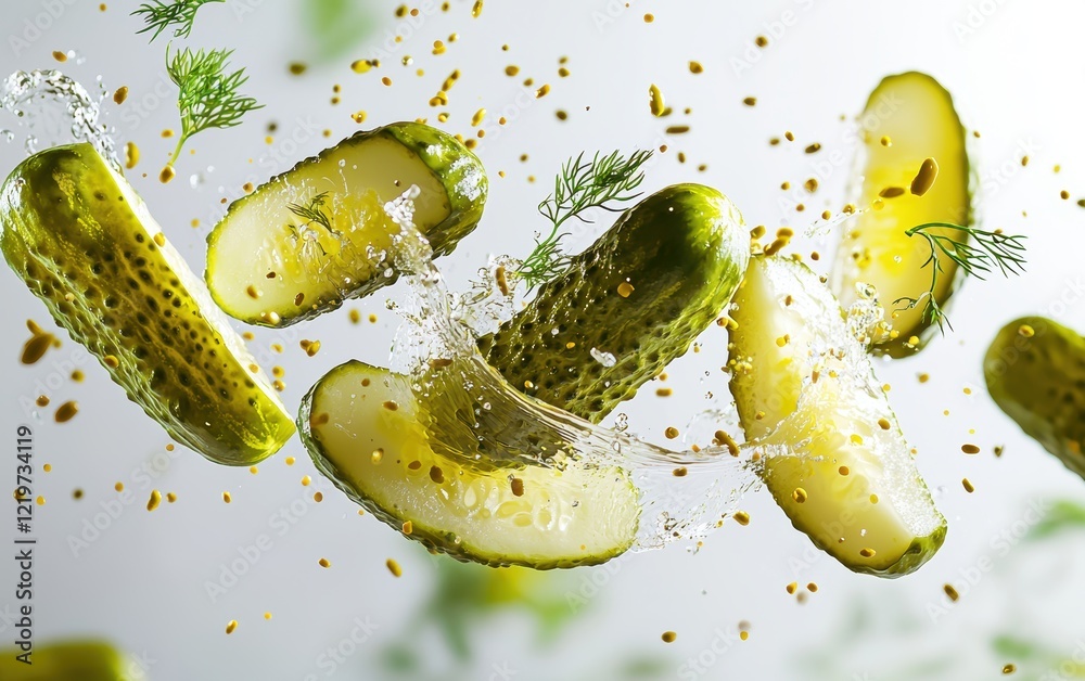 Sliced pickles flying mid-air with splashes of brine and dill on a ...