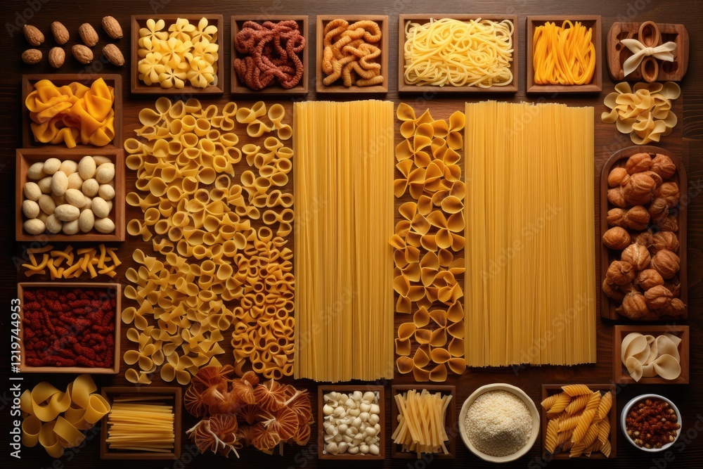 Italian raw pasta layout various types and shapes including Farfelle ...
