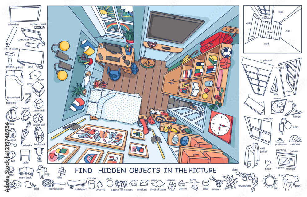 Find and color hidden objects in the picture. Interrior of teenager’s ...