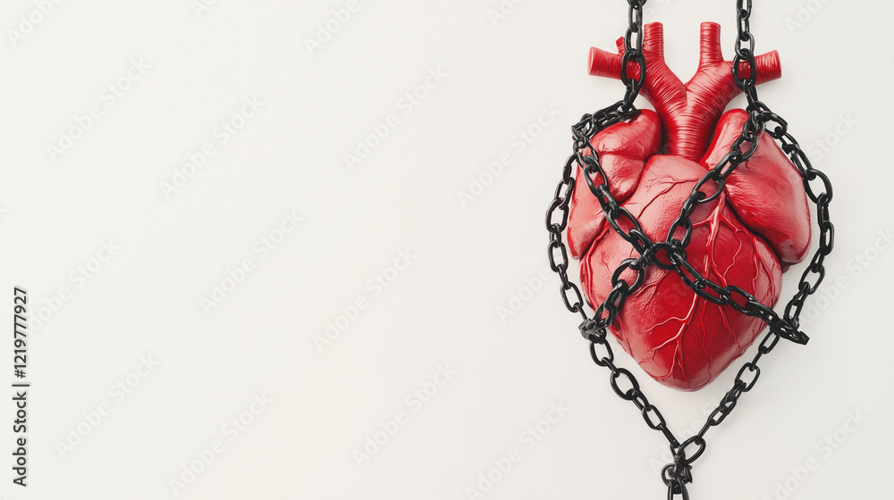 A realistic red anatomical heart bound in black chains on a stark white ...