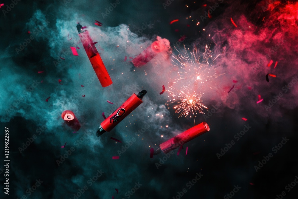 Firecracker Display A dynamic shot of red firecrackers popping mid-air, emitting sparks, with ...