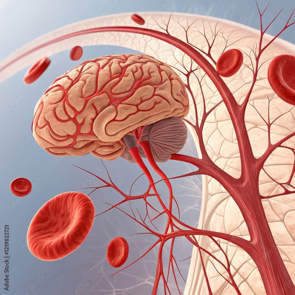 Cerebral Blood Vessels 3D Render of Brain Anatomy, Blood Flow, Red ...