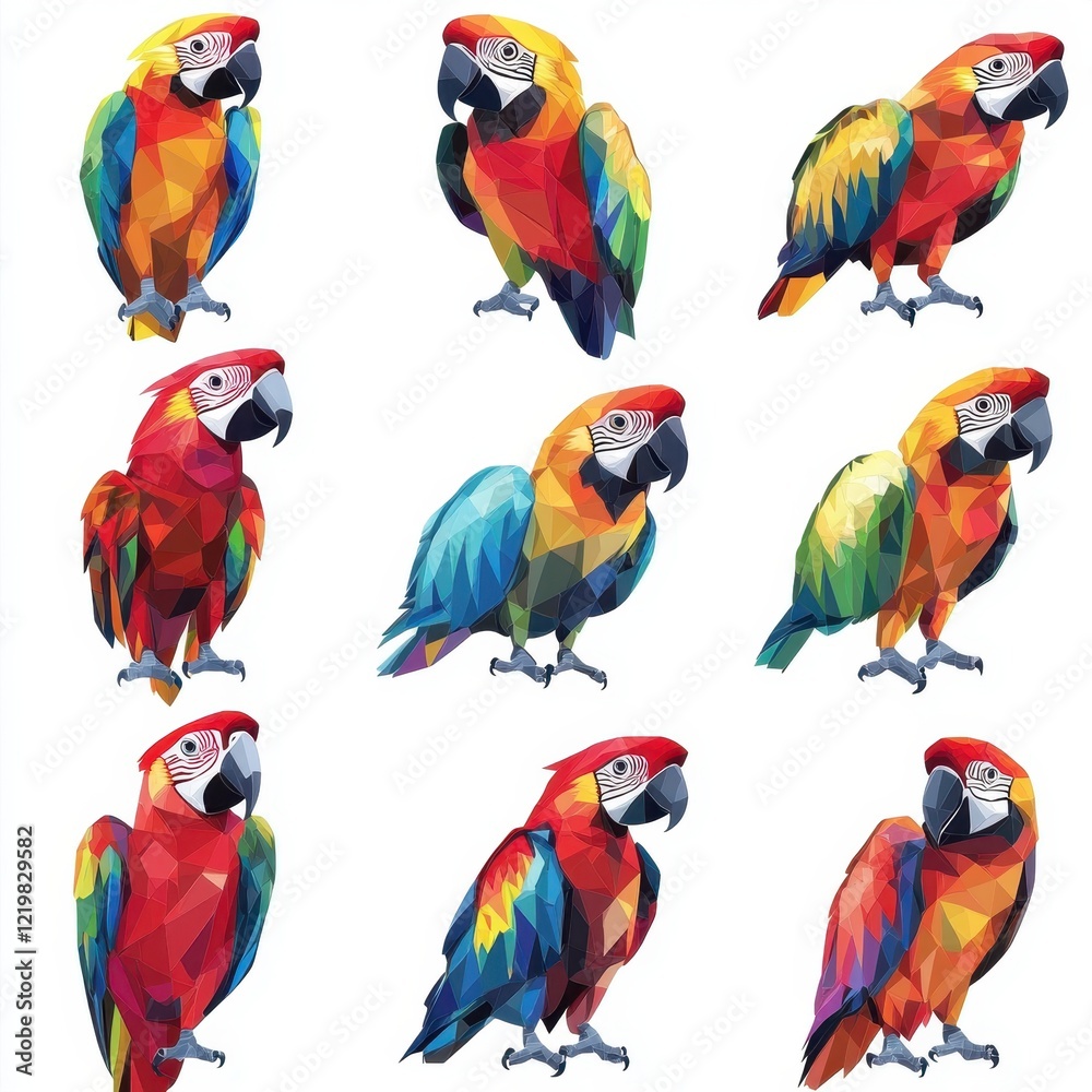 Geometric Macaw Collection: Nine vibrant macaw parrots, each rendered ...