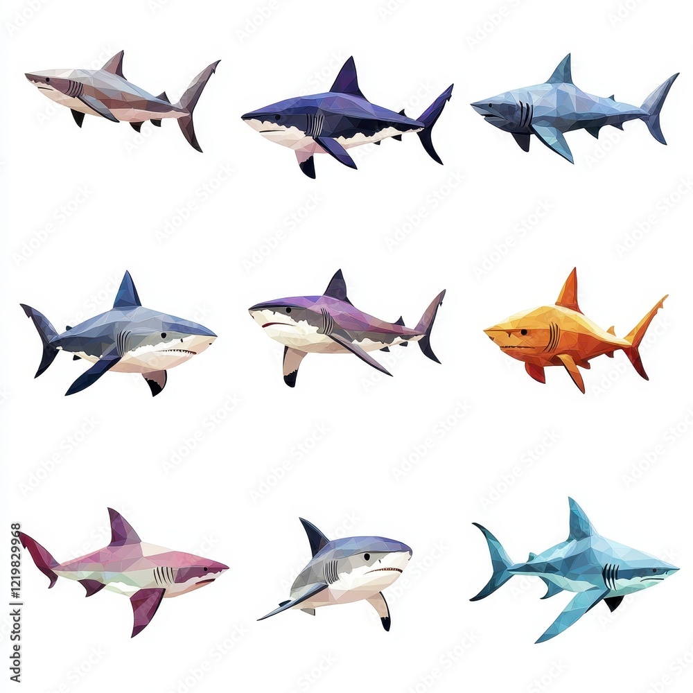 Shark Diversity in Low Poly Style: A captivating collection of nine ...