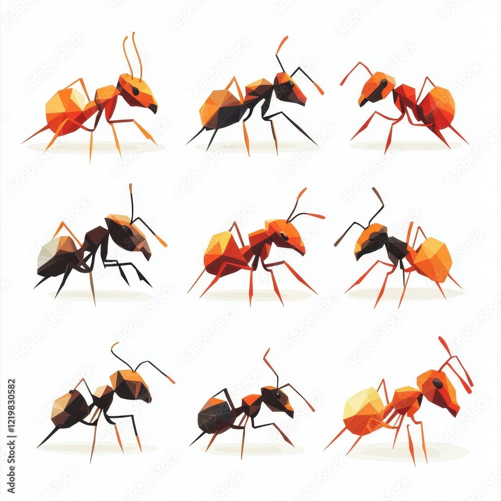 Low Poly Ant Collection: Nine stylized ants rendered in a low-poly ...