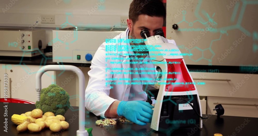 Scientist examining samples under microscope, molecular structure image over laboratory scene ...
