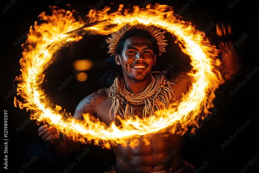 A fire dancer showcases skillful movements with a flaming hoop, adorned ...