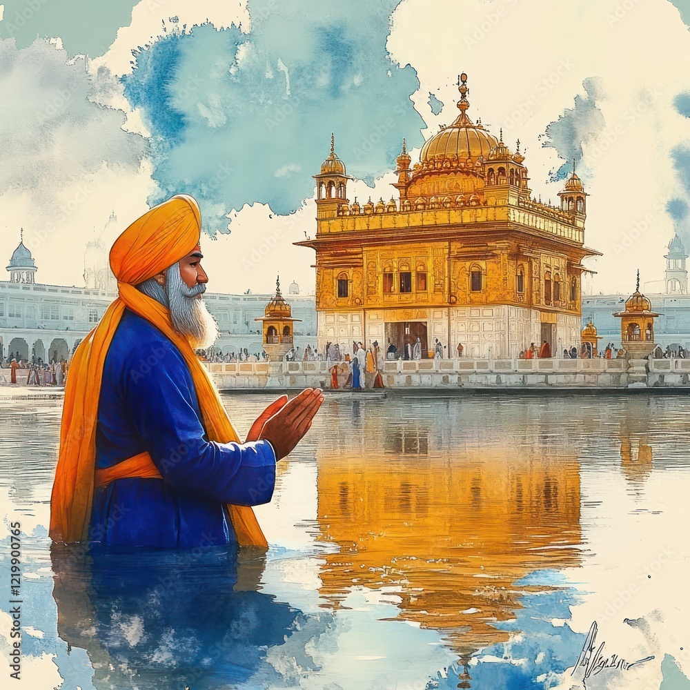 Sikh Figure in Traditional Attire Watercolor Illustration for Guru ...