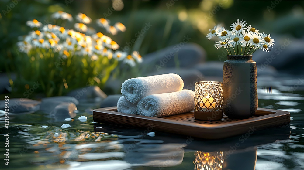 A tranquil outdoor spa setting under the night sky featuring a ...