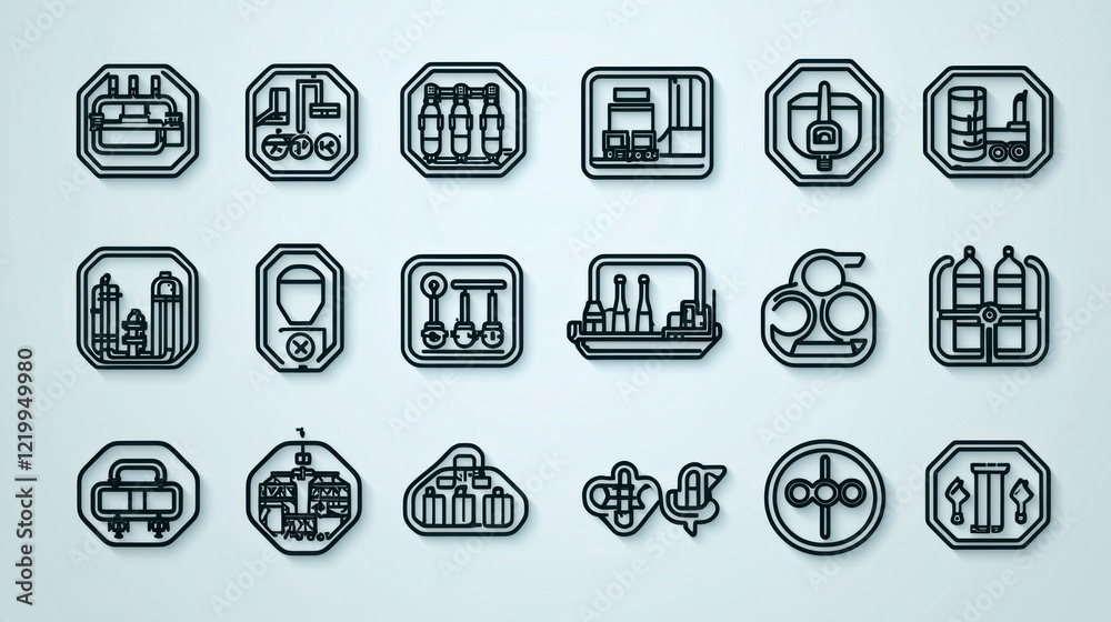 Set of black and white oil industry silhouette icons including refinery ...