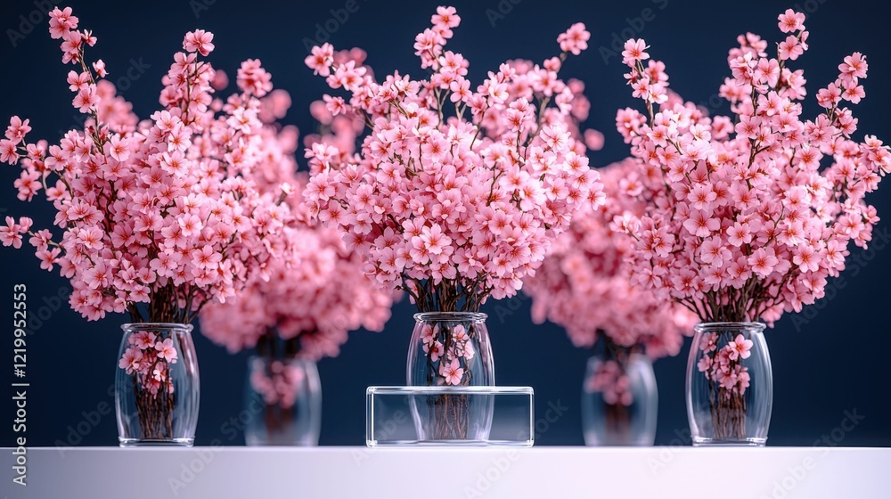 Minimalistic 3D stage featuring delicate cherry blossoms in small vases ...