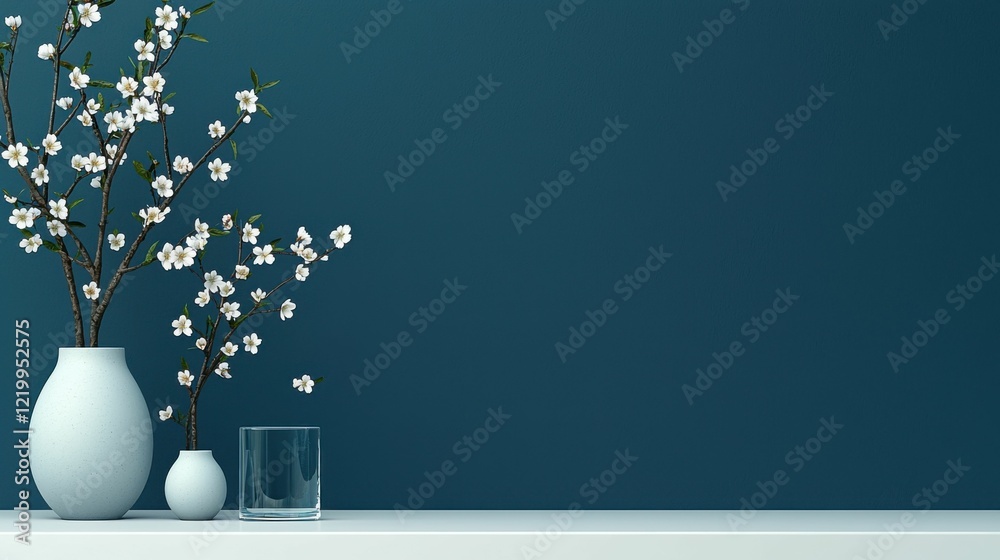 Minimalistic 3D stage featuring delicate cherry blossoms in small vases ...