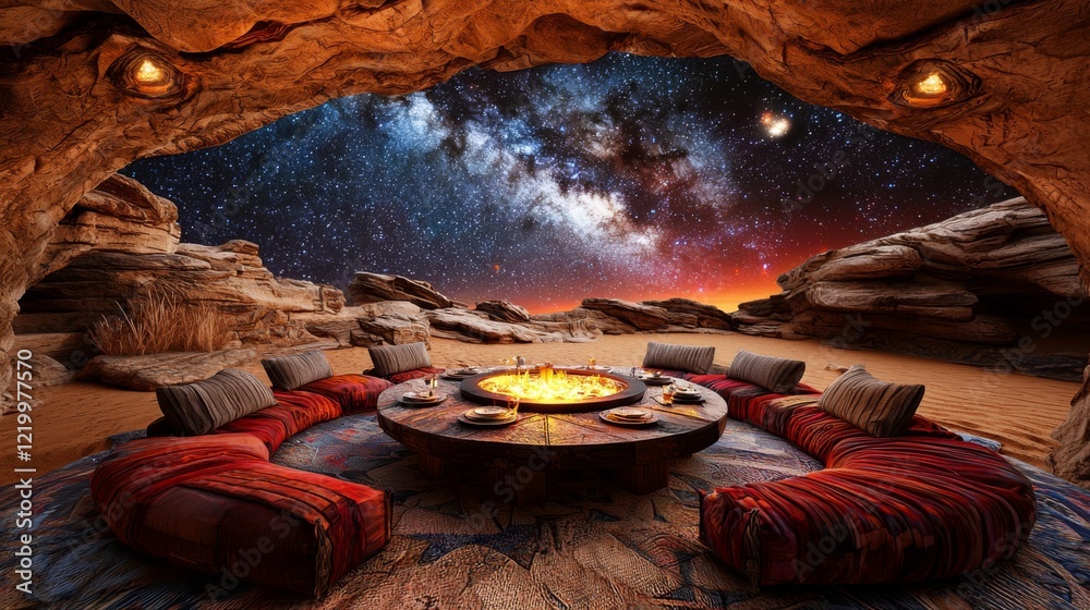 Foto de Stock Cozy desert seating arrangement under a starry night sky ...