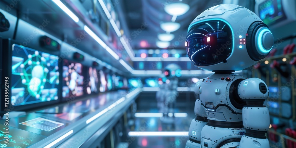 Ilustración de Stock Futuristic nano-tech lab simulation. AI assistants ...