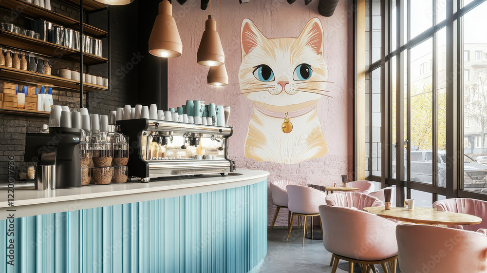 Cat Cafe Interior Design: A charming cat cafe interior features a large ...