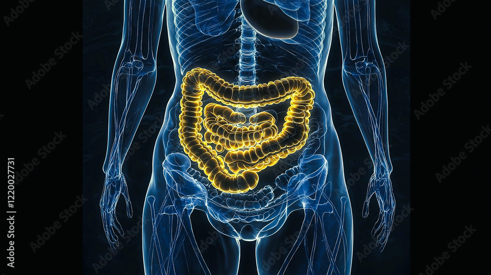 Surreal virtual X-ray of a transparent human stomach with a yellow ...