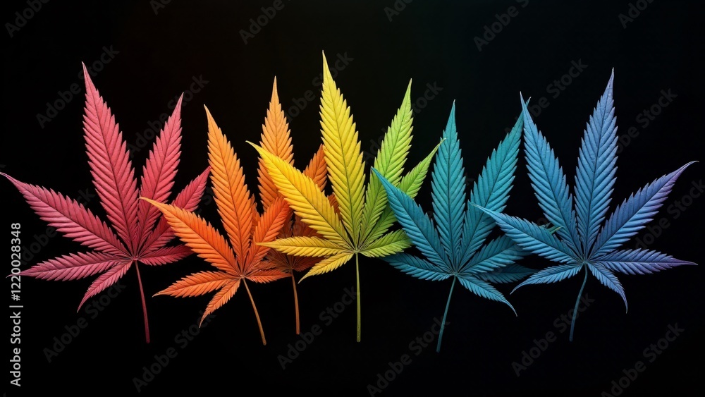 Marijuana leaves with rainbow gradients on a matte black background ...