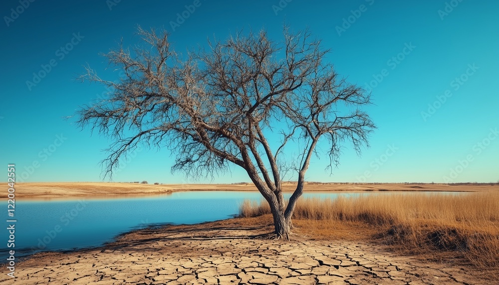 Dry trees without leaves stand in the middle of barren land and the ...