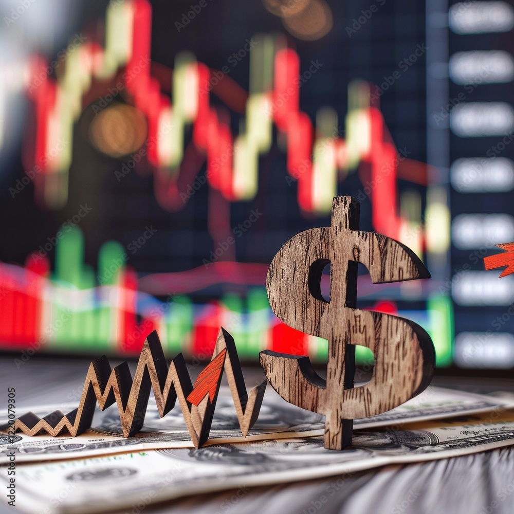 Foto de Stock Wooden dollar sign model sits on dollar bills in front of a stock market chart ...