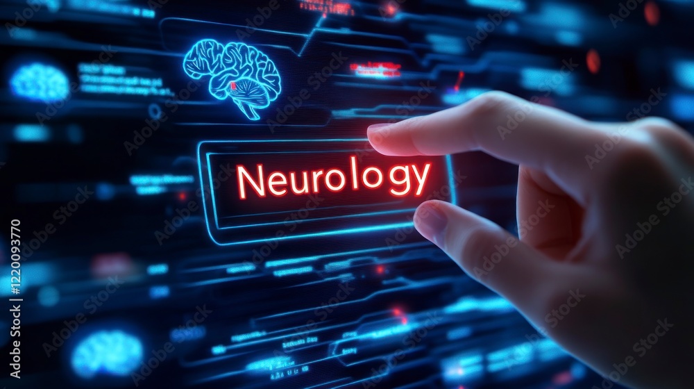 Hand pressing search bar with word Neurology on red background, text ...