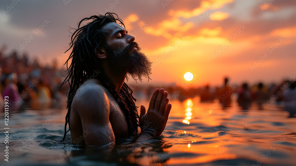 Indian Hindu sadhu taking holy bath in sacred river during Kumbh Mela ...