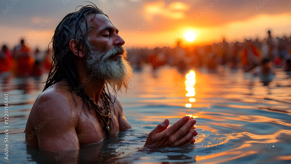 Indian Hindu sadhu taking holy bath in sacred river during Kumbh Mela ...