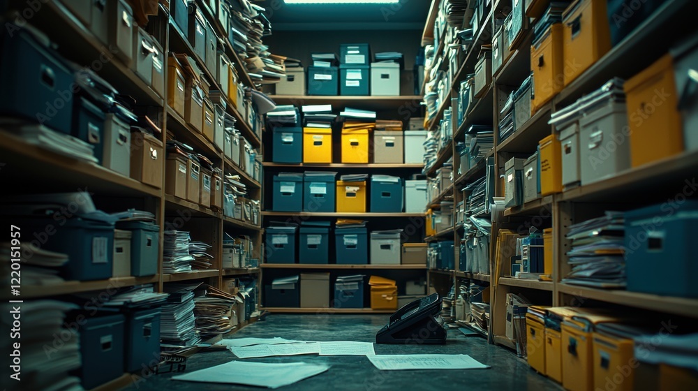 Cluttered archive room filled with shelves of boxes and piles of ...